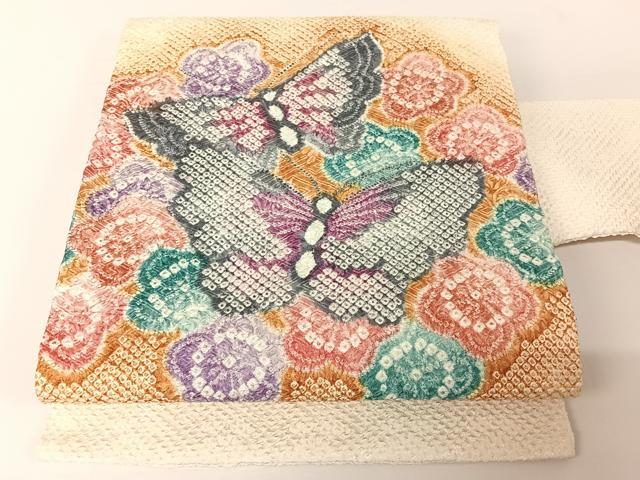 平和屋着物●名門　藤娘きぬたや・総絞り　九寸名古屋帯　花蝶文　暈し染め　正絹　逸品　AABA2590np