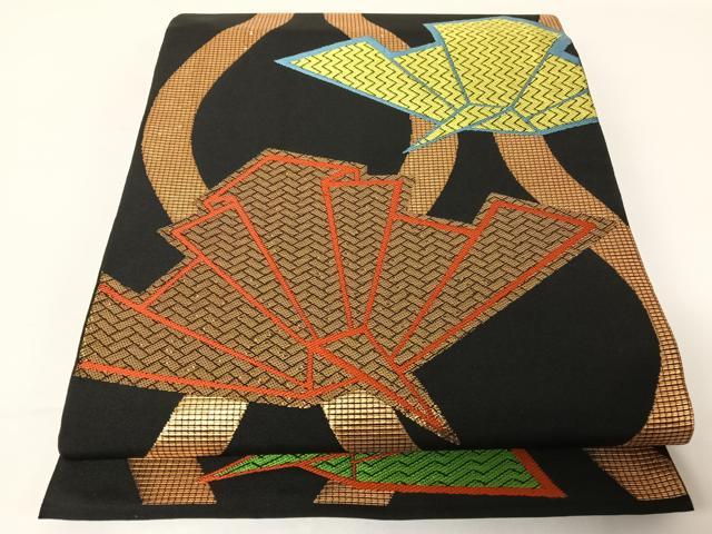 平和屋着物●洛風林　工芸帯地　六通柄　本袋帯　折鶴　黒地　金糸　正絹　逸品　AABA2596np