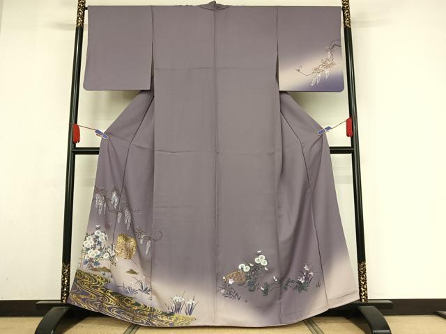 平和屋着物●訪問着　流水御所車花文　藤花房　暈し染め　金彩　正絹　逸品　AABA2666np