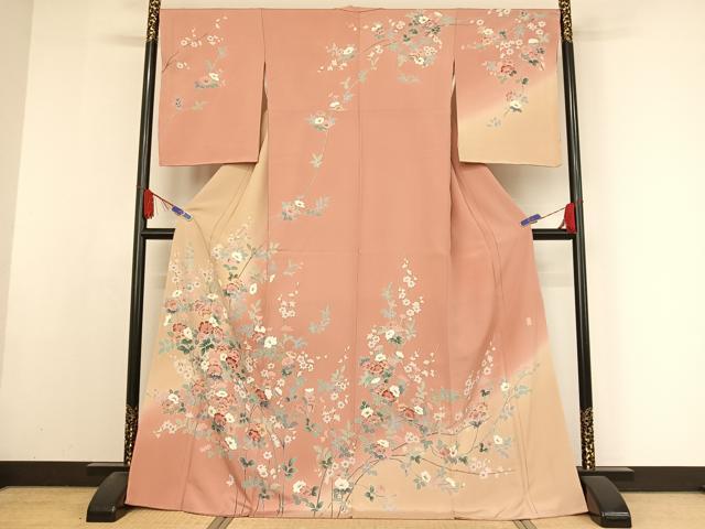 平和屋着物●訪問着　友禅　作家物　枝花文　暈し染め　ロング丈　正絹　逸品　AABA2669np