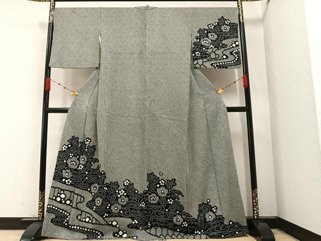 平和屋着物●訪問着　絞り　草花文　黒地　正絹　逸品　AABA2694ph