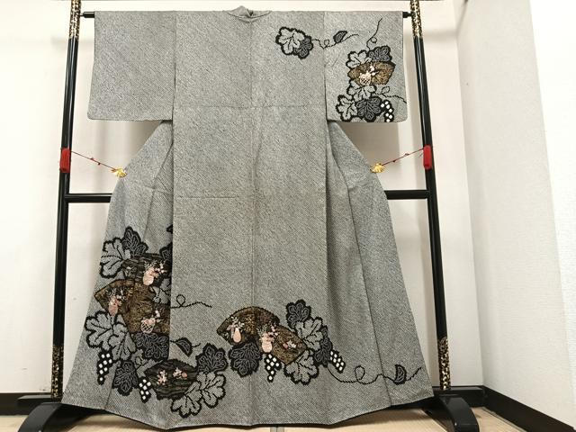 平和屋着物●訪問着　絞り　地紙飾花文　黒地　金彩　正絹　逸品　AABA2700ph