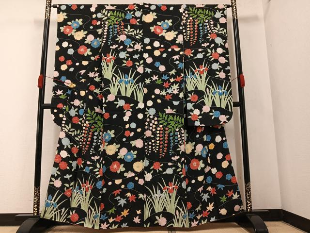 平和屋着物●豪華振袖　絞り　草花文　黒地　正絹　逸品　AABA2733ph