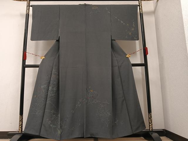 平和屋着物●訪問着　手描き　ろうけつ染め　草花文　正絹　逸品　AABA2757ph