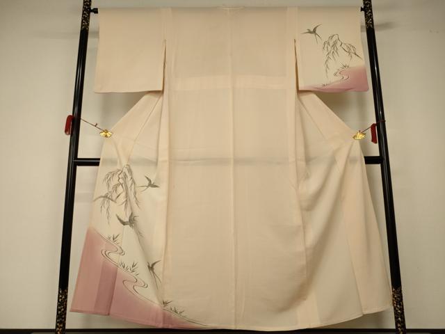 平和屋着物＊夏物　訪問着　絽　流水飛鳥文　暈し染め　正絹　逸品　AABA2808jd