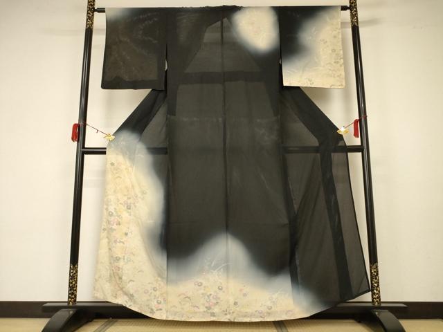 平和屋着物＊夏物　訪問着　縦絽　草花文　暈し染め　正絹　逸品　AABA2837jd