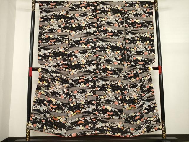 平和屋着物●小振袖　二尺袖　刺繍　型染め　松竹梅吉祥花文　黒地　金糸　正絹　逸品　AABA3290ck