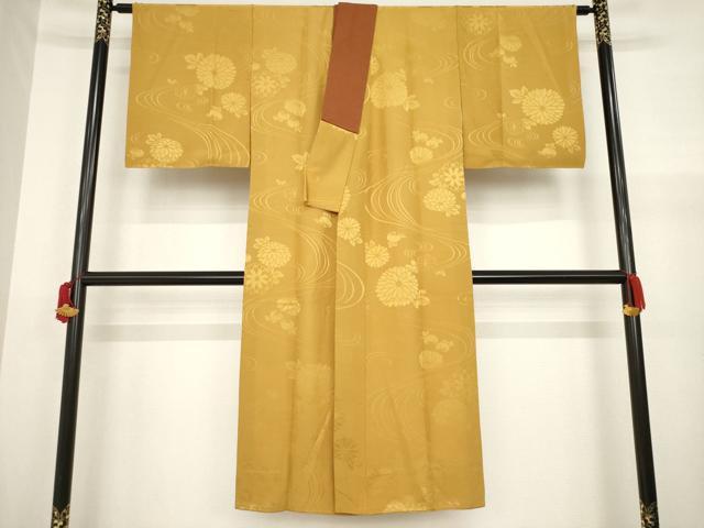 平和屋着物●長襦袢　袷　流水花地紋　狐色　広衿仕立て　正絹　逸品　AABA3295ck