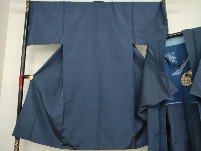 平和屋着物●男性　紬　アンサンブル　色無地　青褐色　正絹　逸品　AABA3297ck