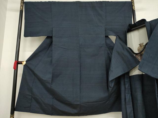 平和屋着物●男性　紬　アンサンブル　色無地　青褐色　正絹　逸品　AABA3305ck