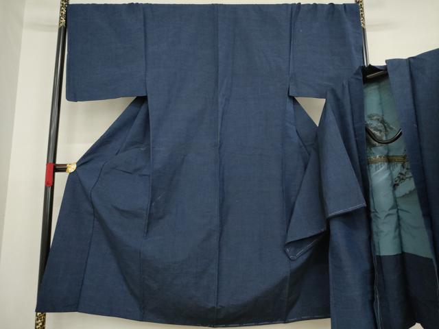 平和屋着物●男性　紬　アンサンブル　色無地　青褐色　正絹　逸品　AABA3308ck