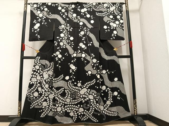 平和屋着物●訪問着　辻が花　絞り　黒地　正絹　逸品　AABA3776ph