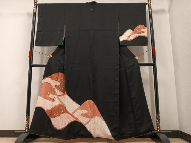 平和屋着物●訪問着　絞り　刺繍　南天文　黒地　金彩　正絹　逸品　AABA3820ph