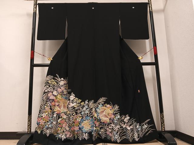 平和屋着物●本加賀友禅作家　直江良三　黒留袖　花鳥文　正絹　逸品　AABA4294ph