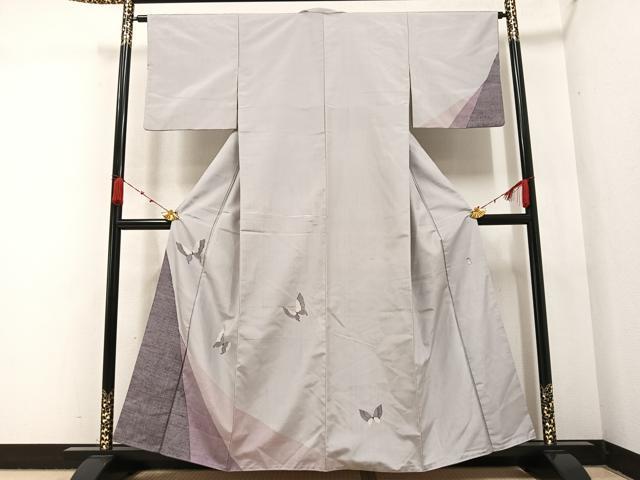 平和屋着物●訪問着　作家物　紬地　舞蝶文　正絹　逸品　AABA4357ph