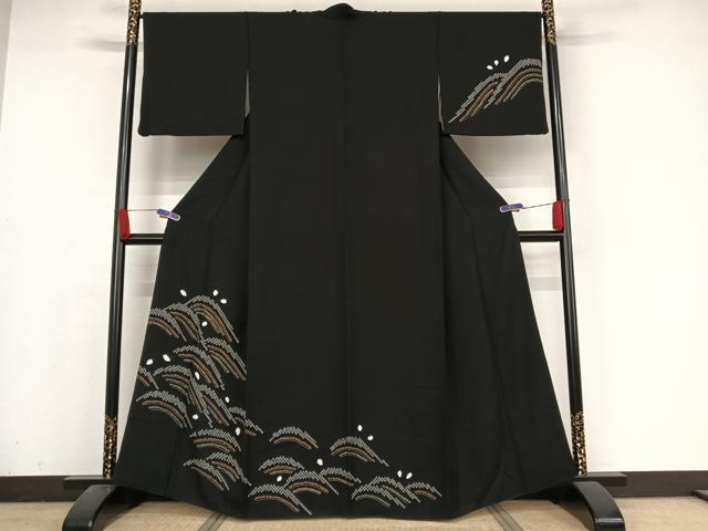 平和屋着物●訪問着　絞り　遠山　黒地　金彩　三越扱い　正絹　逸品　AABA4445np