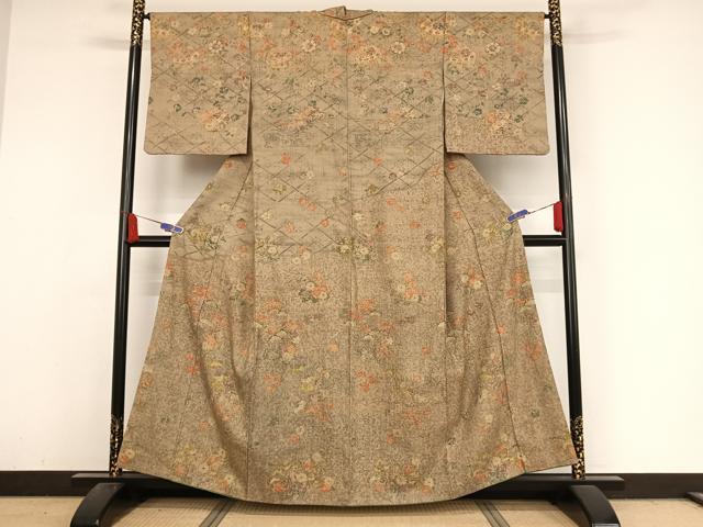 平和屋着物●上質な小紋　生紬地　草花文　正絹　逸品　AABA4529np