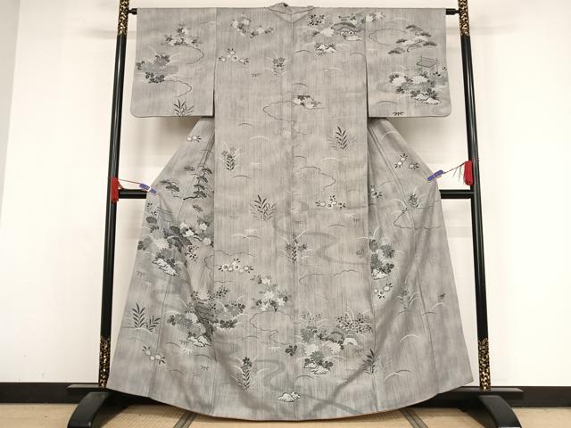 平和屋着物●訪問着　紬地　風景草花文　正絹　逸品　AABA4543np