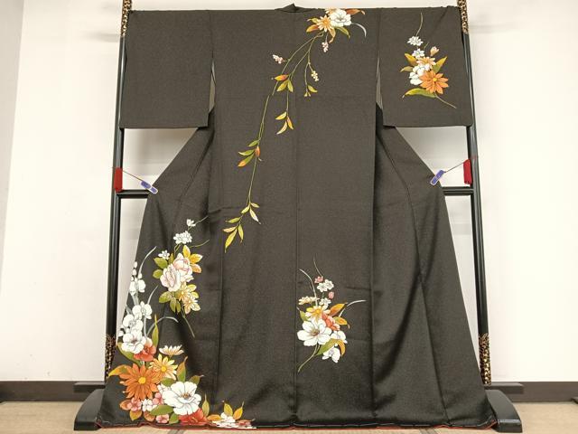 平和屋着物●訪問着　手描き　草花文　黒地　金通し地　丹後ちりめん　反端付き　ロング丈　正絹　逸品　AABA4583np