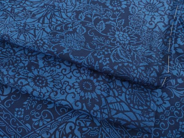 平和屋着物●上質な小紋　型染め　藍　更紗花文　正絹　逸品　AABA4644ck