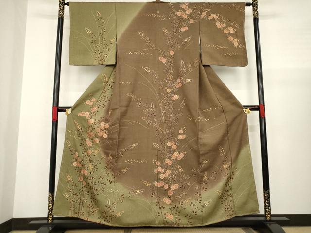 平和屋着物●訪問着　草花文　暈し染め　金彩　正絹　逸品　未使用　AABA4665ck