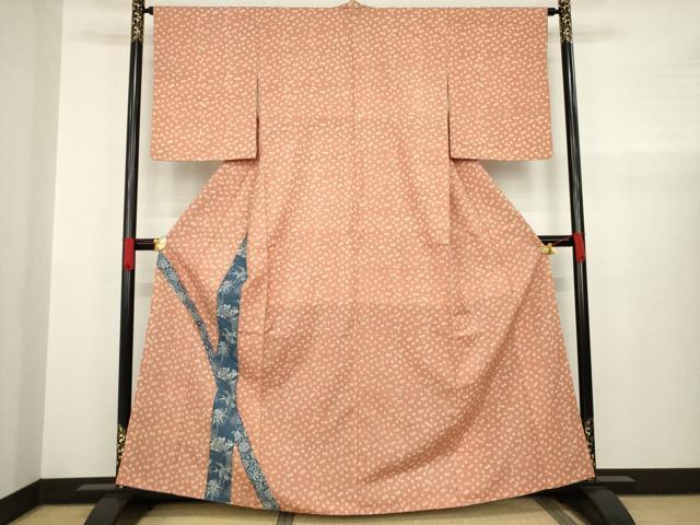 平和屋着物●訪問着　紬地　藍　型染め　吉祥花文　正絹　逸品　AABA4811ck