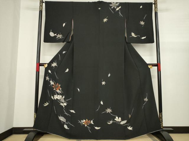 平和屋着物●訪問着　吹き寄せ文　黒地　正絹　逸品　AABA4827ck