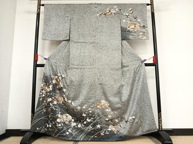 平和屋着物●訪問着　地紙草花文　黒地　金彩　正絹　逸品　AABA4929np