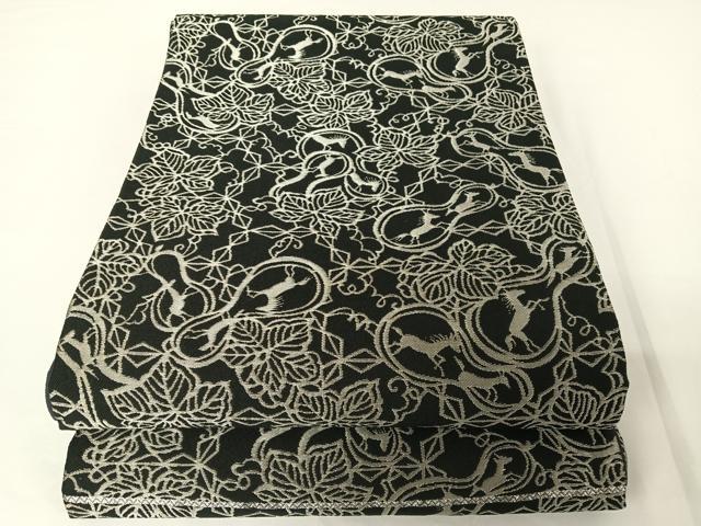 平和屋着物●人間国宝　南部芳松　突彫り 　全通柄袋帯　創作絵図　瓢箪に馬　黒地　銀糸　正絹　逸品　AABA4959np