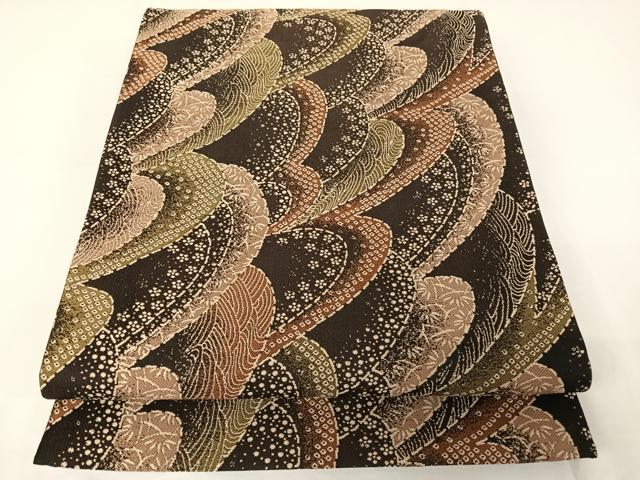 平和屋着物●六通柄袋帯　立波花文　黒地　金糸　正絹　逸品　AABA4968np