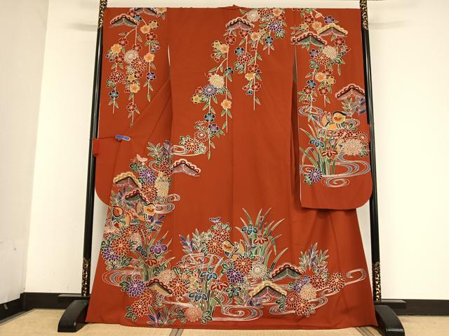 平和屋着物●紅型　振袖　鴛鴦草花文　ロング丈　正絹　逸品　AABA5014np