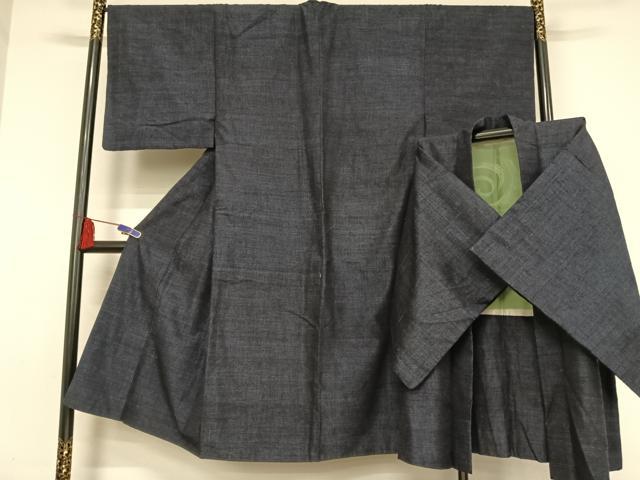平和屋着物●男性　結城紬　アンサンブル　杢　濃藍色　正絹　逸品　AABA5021np
