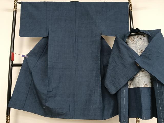 平和屋着物●男性　紬　アンサンブル　色無地　留紺色　正絹　逸品　AABA5026np