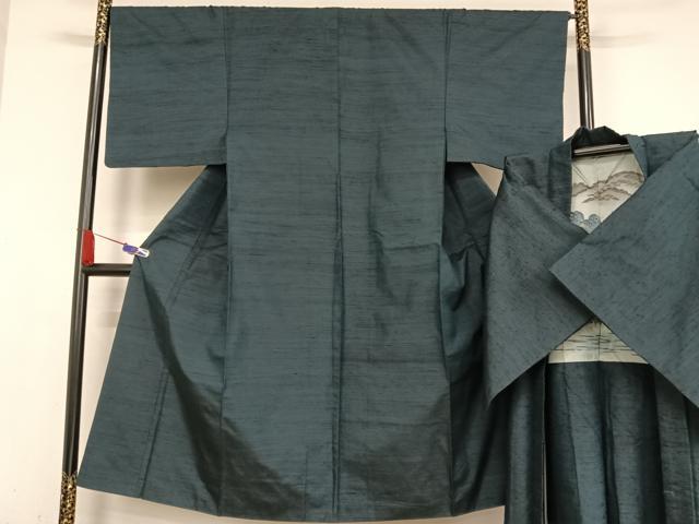 平和屋着物●男性　紬　アンサンブル　羽織：ひげ紬　留紺色　正絹　逸品　AABA5030np