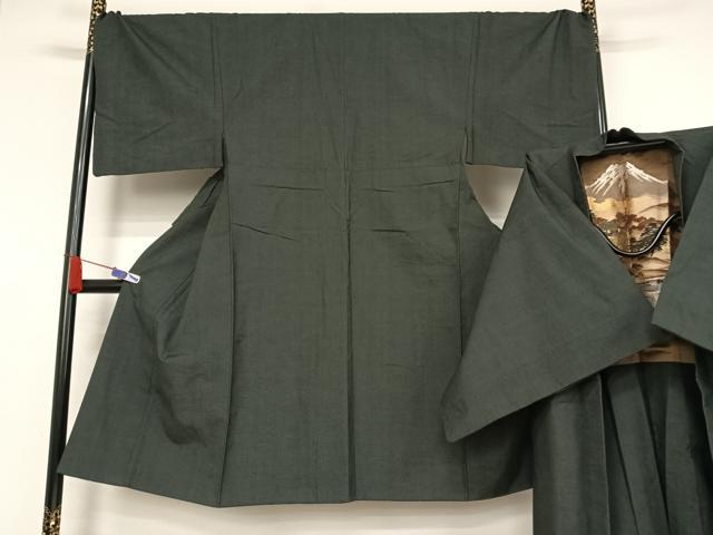 平和屋着物●男性　紬　アンサンブル　色無地　藍墨茶色　正絹　逸品　AABA5033np