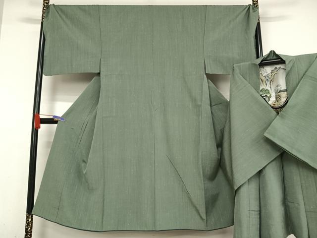 平和屋着物●男性　紬　アンサンブル　色無地　水浅葱色　正絹　逸品　AABA5042np