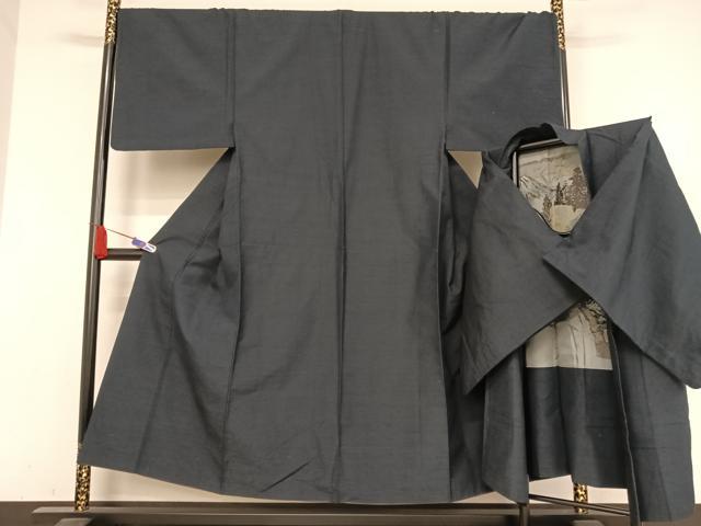 平和屋着物●男性　紬　アンサンブル　色無地　濃藍色　正絹　逸品　AABA5070np