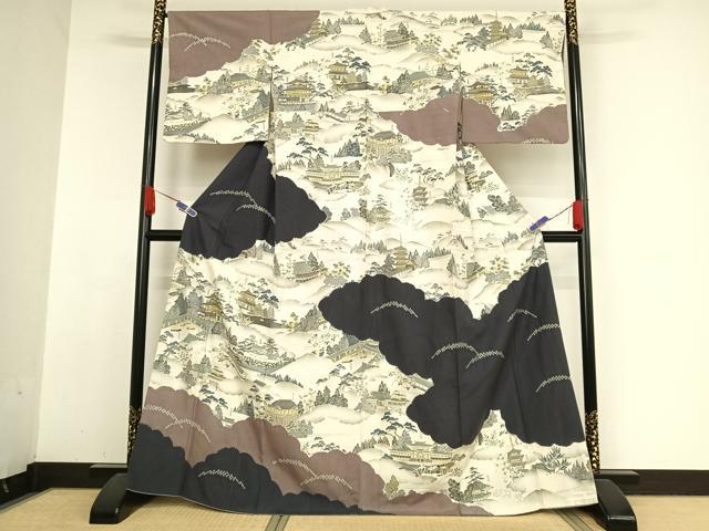 平和屋着物●訪問着　紬地　絞り　名寺　金閣寺　銀閣寺　正絹　逸品　AABA5078np