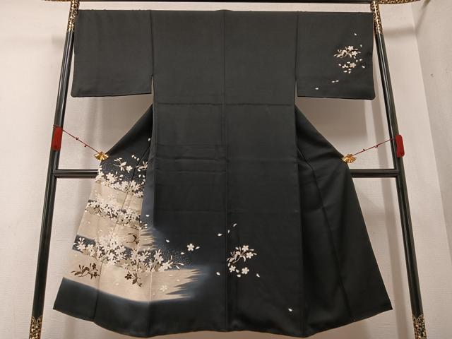 平和屋着物●男性　訪問着　桜　暈し染め　黒地　金彩　正絹　逸品　AABA5213ph