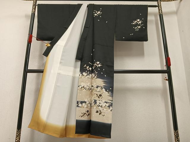 平和屋着物○男性 訪問着 桜 暈し染め 黒地 金彩 正絹 逸品 AABA5213ph