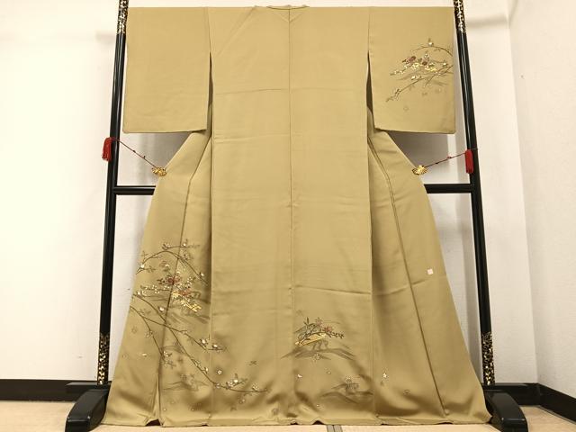 平和屋着物●訪問着　作家物　駒刺繍　花筏　枯色　金彩　鈴乃屋扱い　ロング丈　正絹　逸品　AABA5228ph