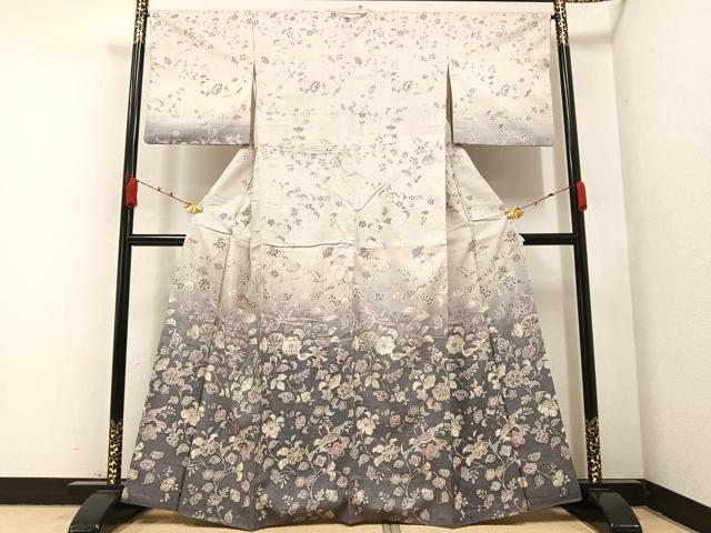 平和屋着物●訪問着　生紬地　型染め　花鳥文　暈し染め　正絹　逸品　AABA5254ph