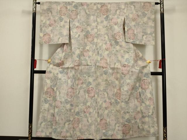 平和屋着物▽上質な紬　単衣　薔薇　正絹　逸品　AABA5452sx