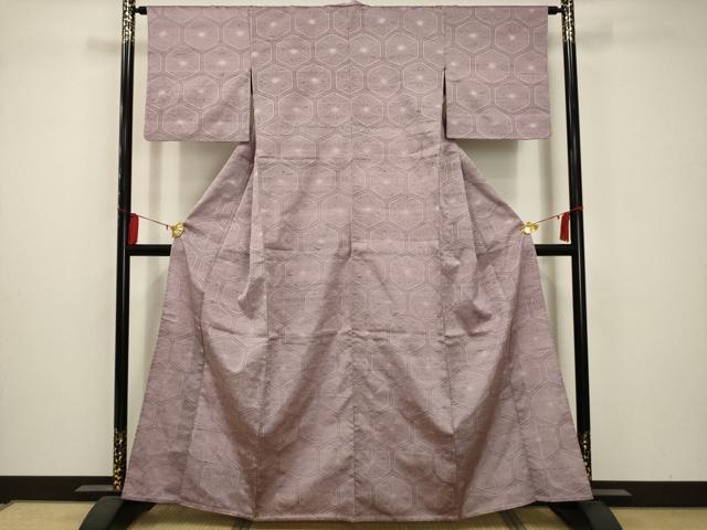 平和屋着物▽上質な紬　単衣　麻の葉亀甲文　正絹　逸品　AABA5455sx