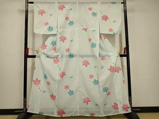 平和屋着物＊夏物　小紋　絽　立波枝葉文　洗える着物　AABA5617sx