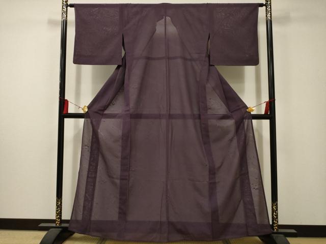 平和屋着物＊夏物　色無地　絽　流水文紗　葡萄鼠色　洗える着物　AABA5631sx