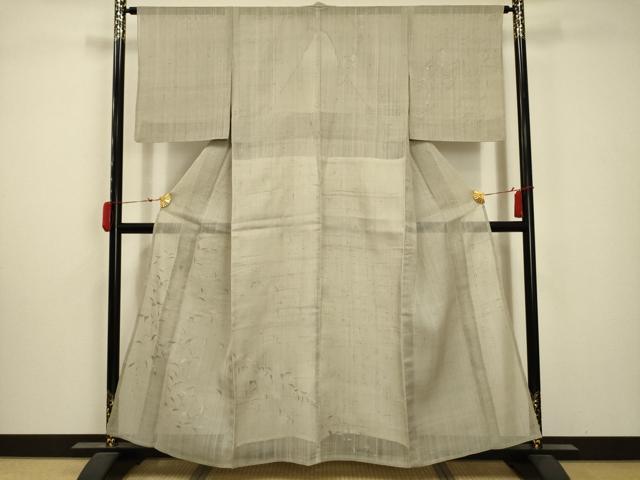 平和屋着物＊夏物　訪問着　生紬　草花文　銀彩　正絹　逸品　AABA5779sx