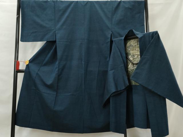 平和屋着物●男性　紬　アンサンブル　色留袖　紺瑠璃色　正絹　逸品　AABA6050cs