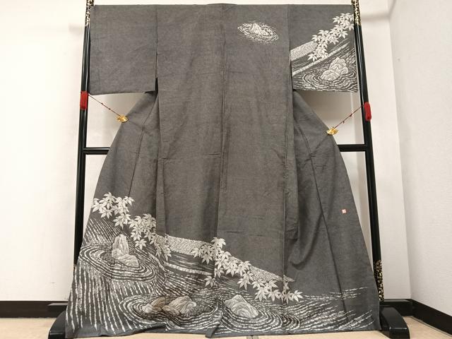 平和屋着物●創業140年　小糸染芸の四代目　小糸敏夫　訪問着　江戸小紋　鮫小紋柄　枯山水　黒地　正絹　逸品　AABA6408ph