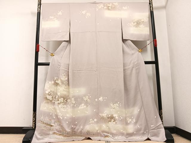 平和屋着物●訪問着　友禅　駒刺繍　草花文　桜　暈し染め　金彩　ロング丈　正絹　逸品　AABA6412ph